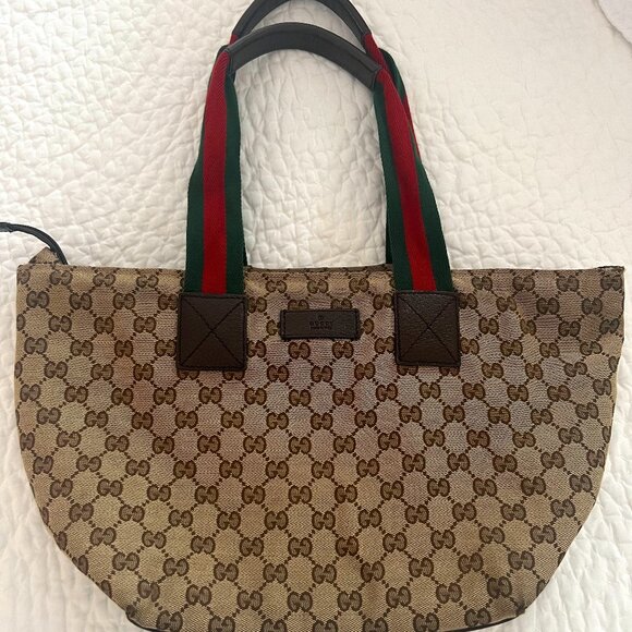 Gucci | Bags | Gucci Canvas Tote Bag With Web Stripe Handles | Poshmark